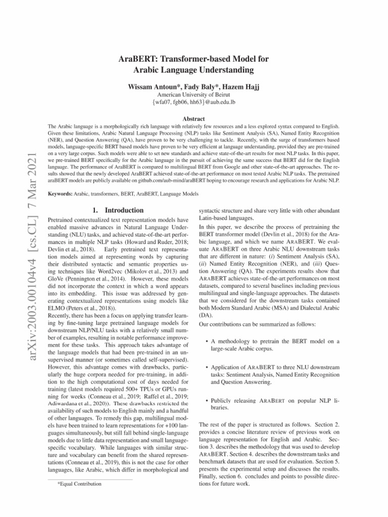 AraBERT Transformer-based Model for Arabic | PDF