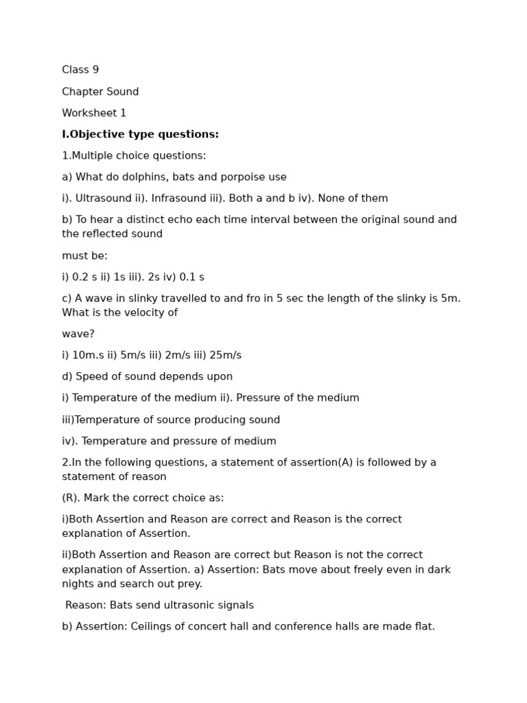 Class 9 Worksheet Sound | PDF | Sound | Waves