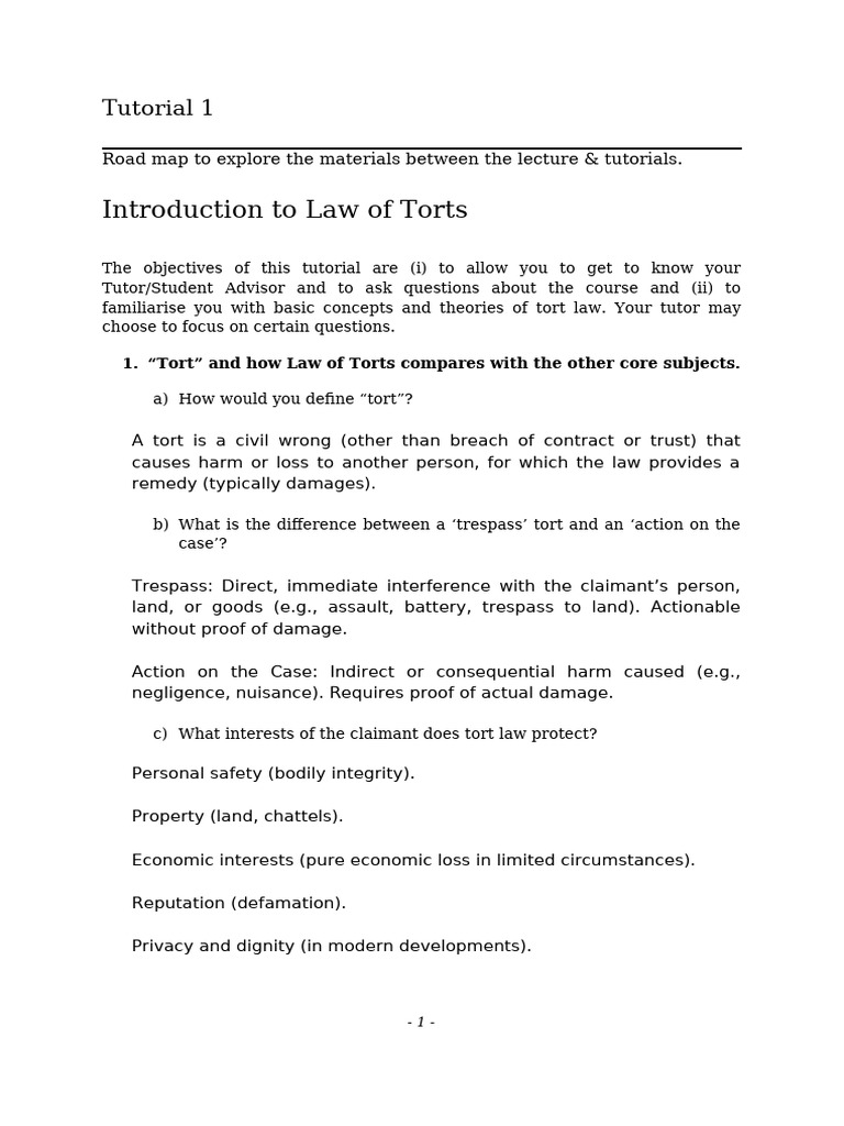 TORTS 2025 WEEK 2 Tutorial 1 - Introduction | PDF | Tort | Negligence