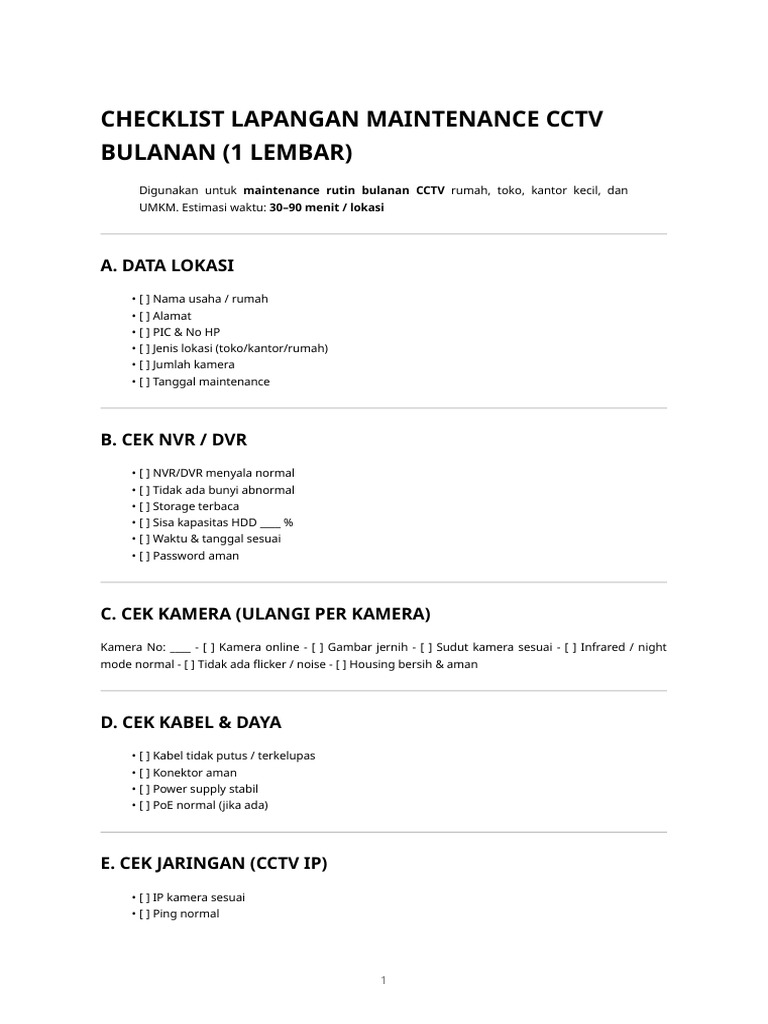 Contoh Sop Maintenace Bulanan CCTV Umkm | PDF