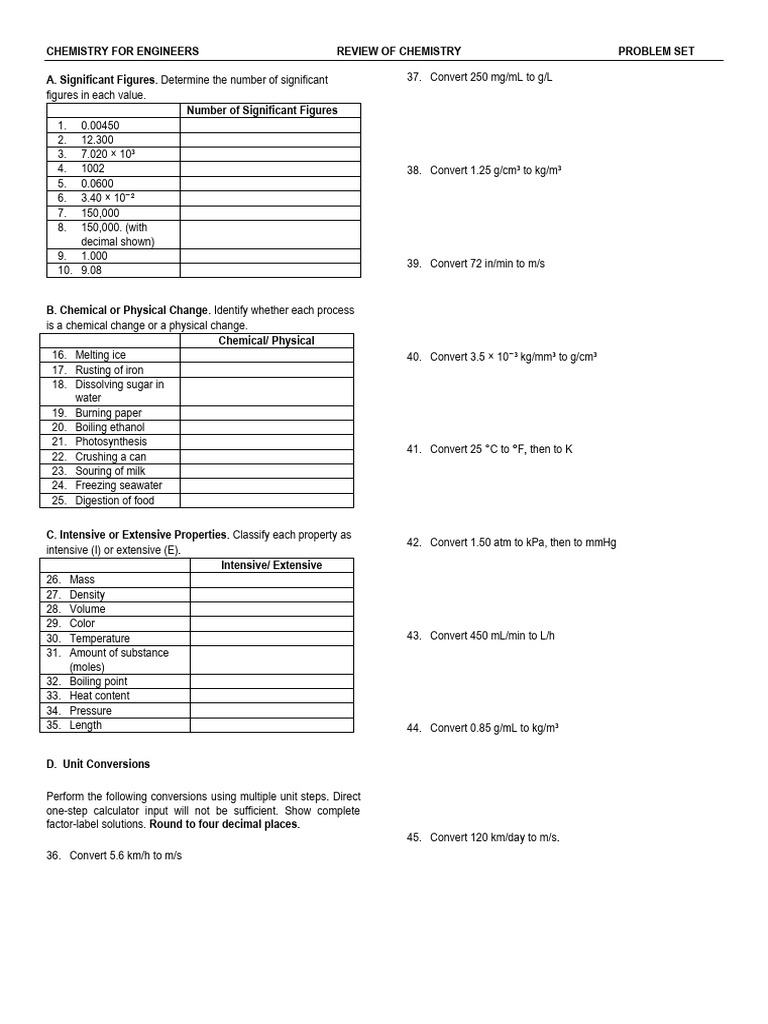 Review of Engineering Chemistry Problem Set | PDF