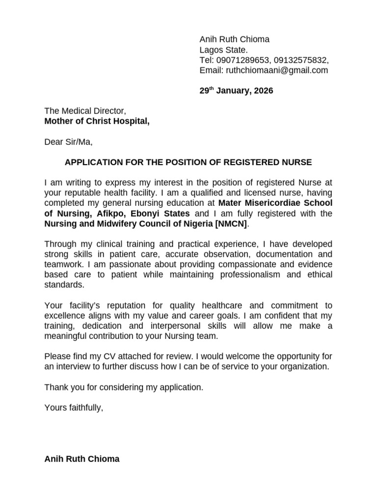 Anih Ruth Chioma Application Letter | PDF | Nursing | Public Services