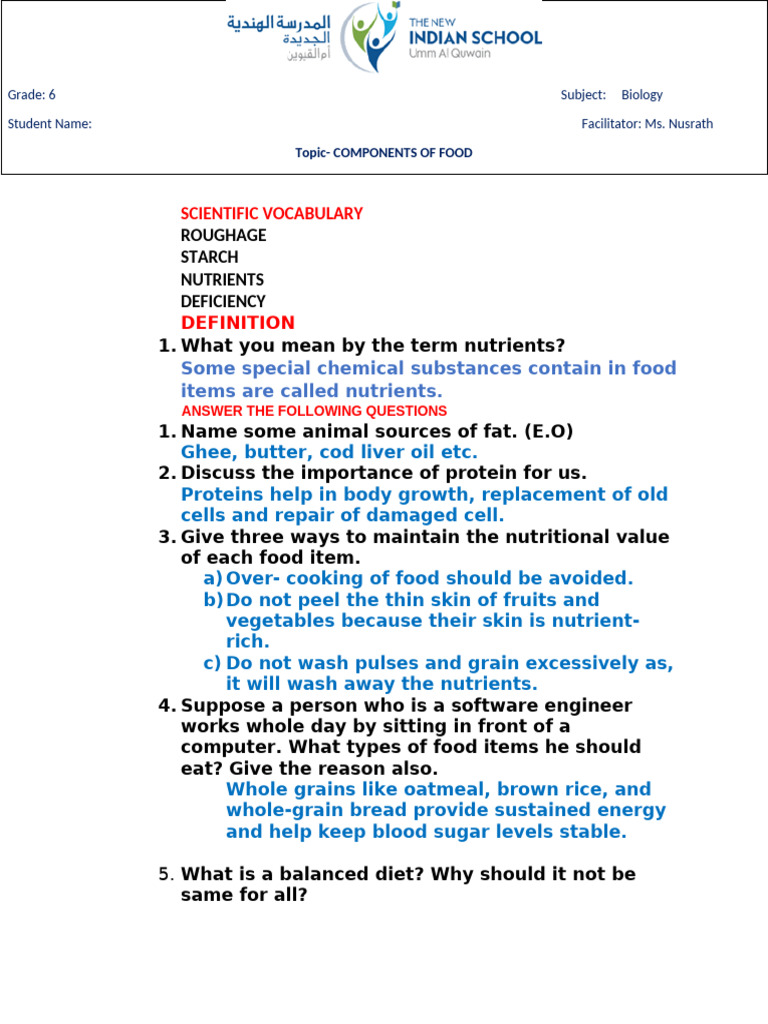 Notes Grade 6 Components of Food | PDF | Foods | Nutrients