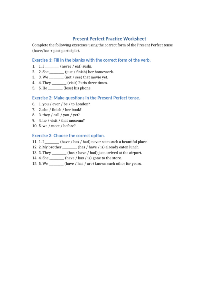 Present Perfect Practice | PDF