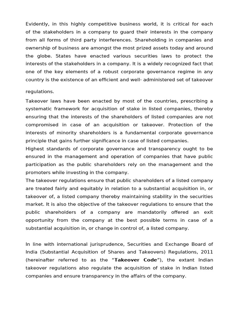Take Over Code - SEBI Regulations | PDF | Takeover | Mergers And ...