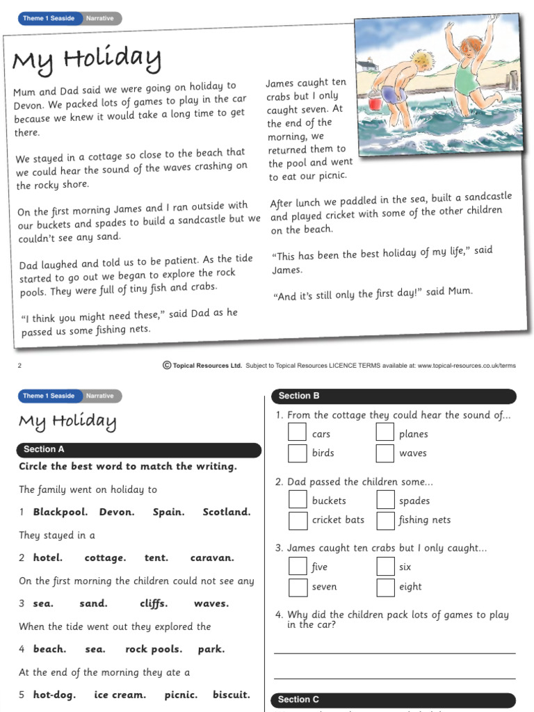 Reading Comprehension + Writing (My Holiday) | PDF | Beach | Coastal ...