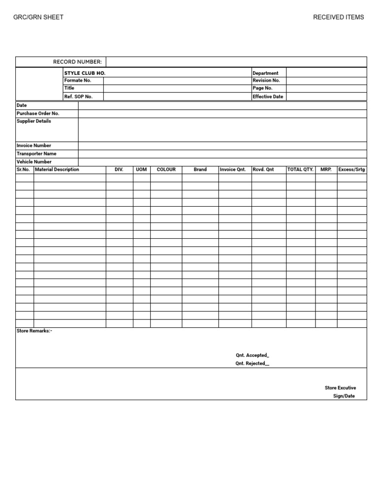 GRC - GRN Sheet - Received Items | PDF