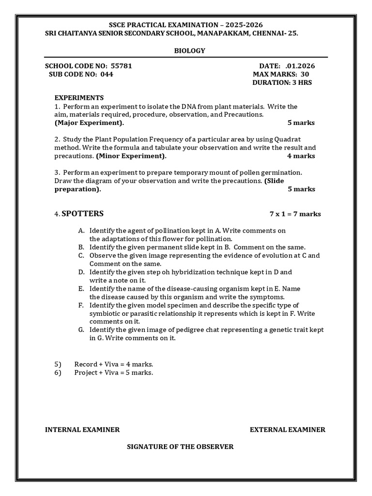 Biology Practical Question Paper 1 | PDF