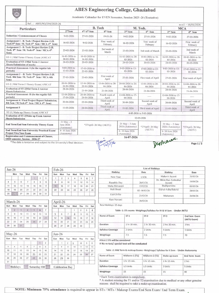 Academic Calendar for Even Semester 2025 (Tentative) | PDF