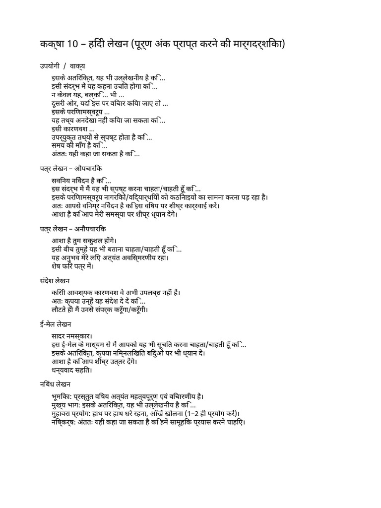 Class 10 Hindi Writing Full Marks Guide FIXED | PDF