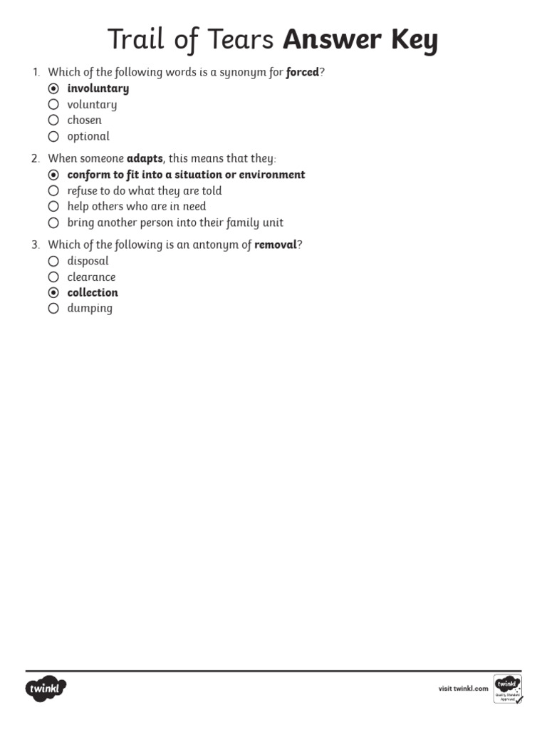 Trail of Tears Fact File and Vocabulary Questions Answer Key | PDF