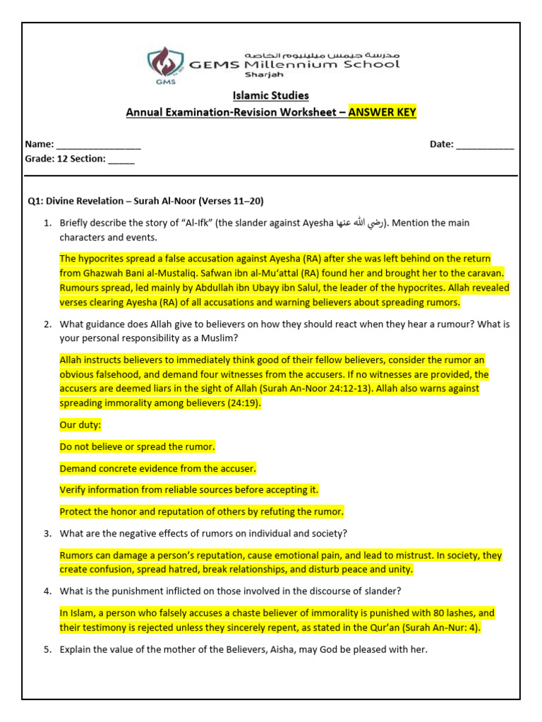 Grade 12 Annual Examination Revision Worksheet-ANSWER KEY | PDF ...
