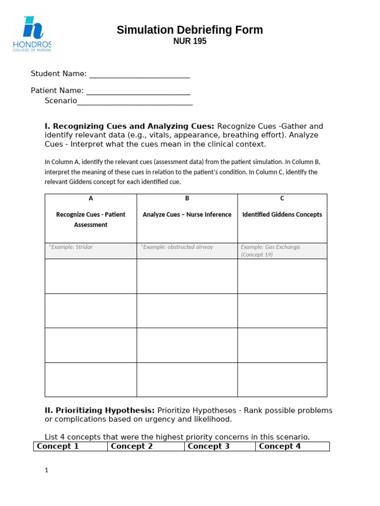 NUR 195 Simulation Debriefing Form 7.2.25 100 Points | PDF | National ...