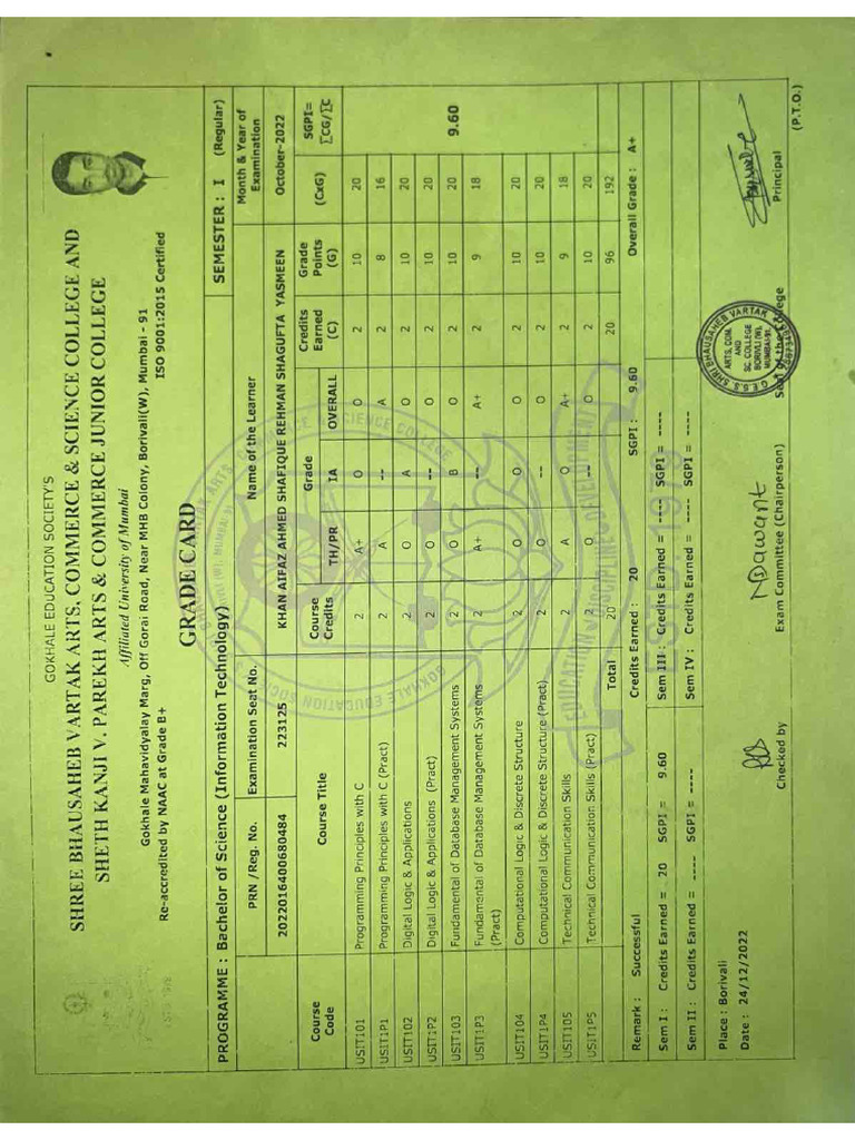 BSCIT Sem 1 Result | PDF