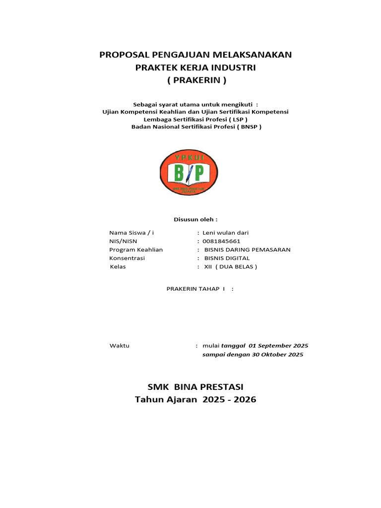 Leni Wulan Proposal Prakerin Tahap I PT UKM | PDF