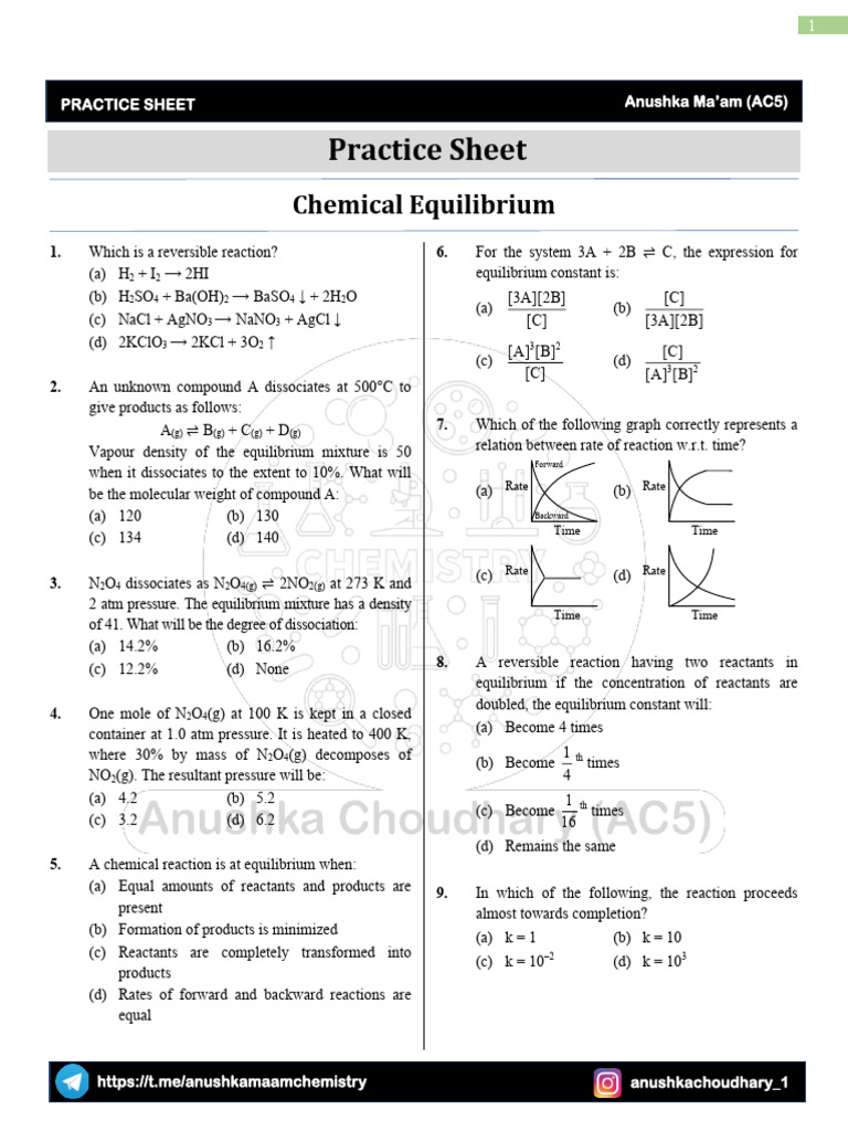 Practice Sheet - Chemical Equilibrium | PDF | Chemical Equilibrium ...