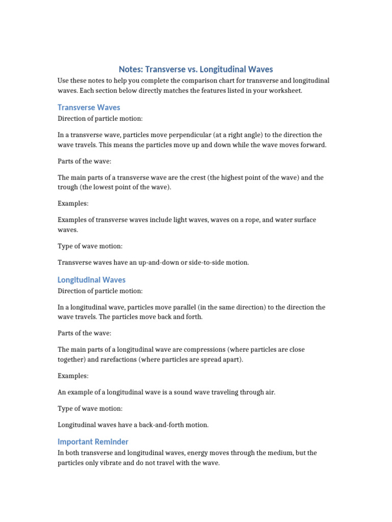 Notes Transverse vs. Longitudinal Waves | PDF