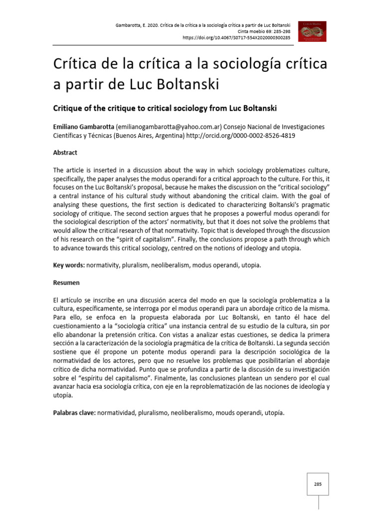 Crítica de la crítica a la sociología crítica a partir de Luc Boltanski ...