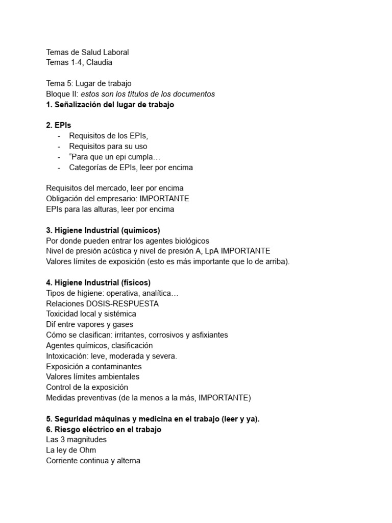 Temas de Salud Laboral | PDF | Seguridad y salud ocupacional | Higiene ...
