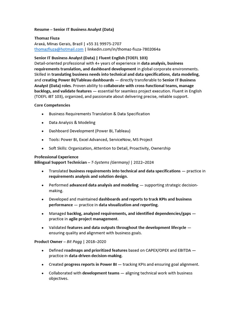 Resume Senior IT Business Analyst Thomaz Fiuza | PDF