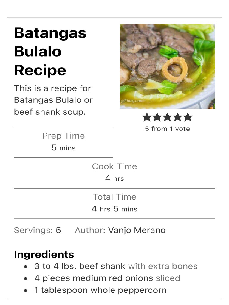 Batangas Bulalo Recipe - Panlasang Pinoy | PDF