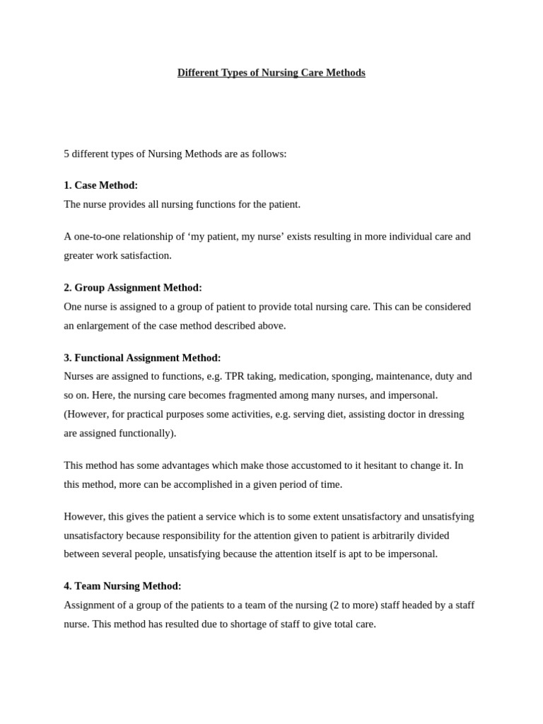 Different Types of Nursing Care Methods | PDF | Nursing | Health Sciences