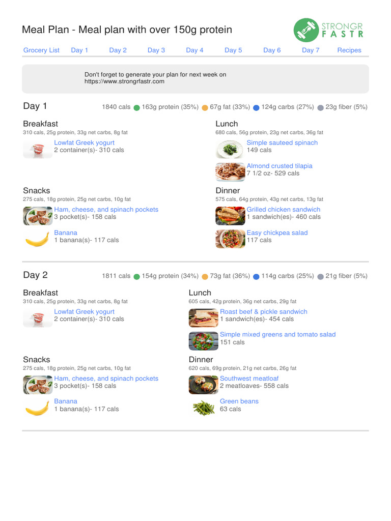 Meal Plan With Over 150g Protein | PDF | Grilling | Lunch