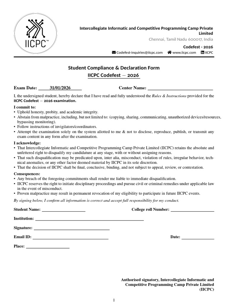 Iicpc Candidate Declaration Form Codefest 2026 | PDF | Common Law | Justice