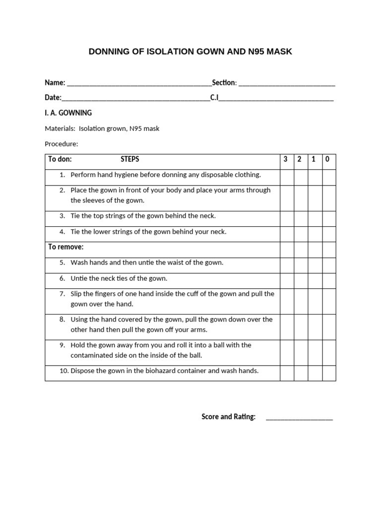 Donning of Isolation Gown and n95 Mask Checklist | PDF | Hand Washing
