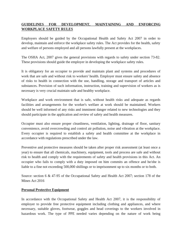 Guidelines For Workplace Safety Rules and The Development of A Ppe ...