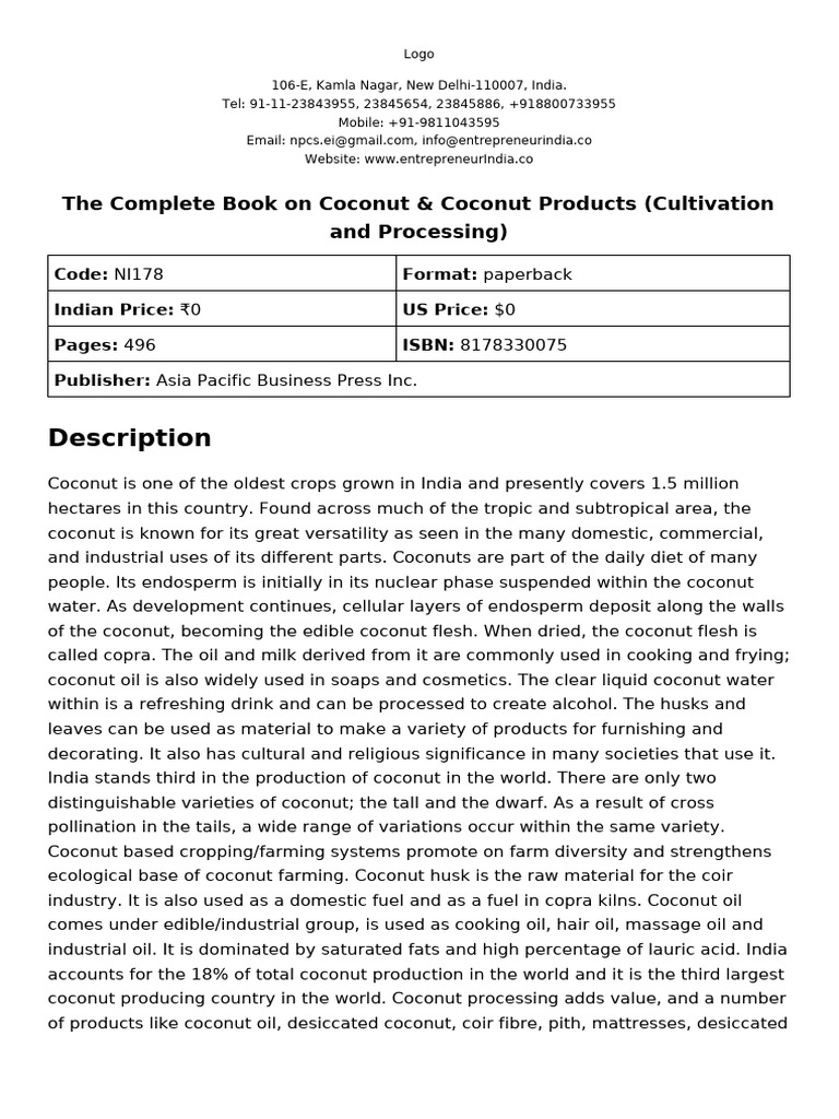 The Complete Book On Coconut & Coconut Products (Cultivation and ...
