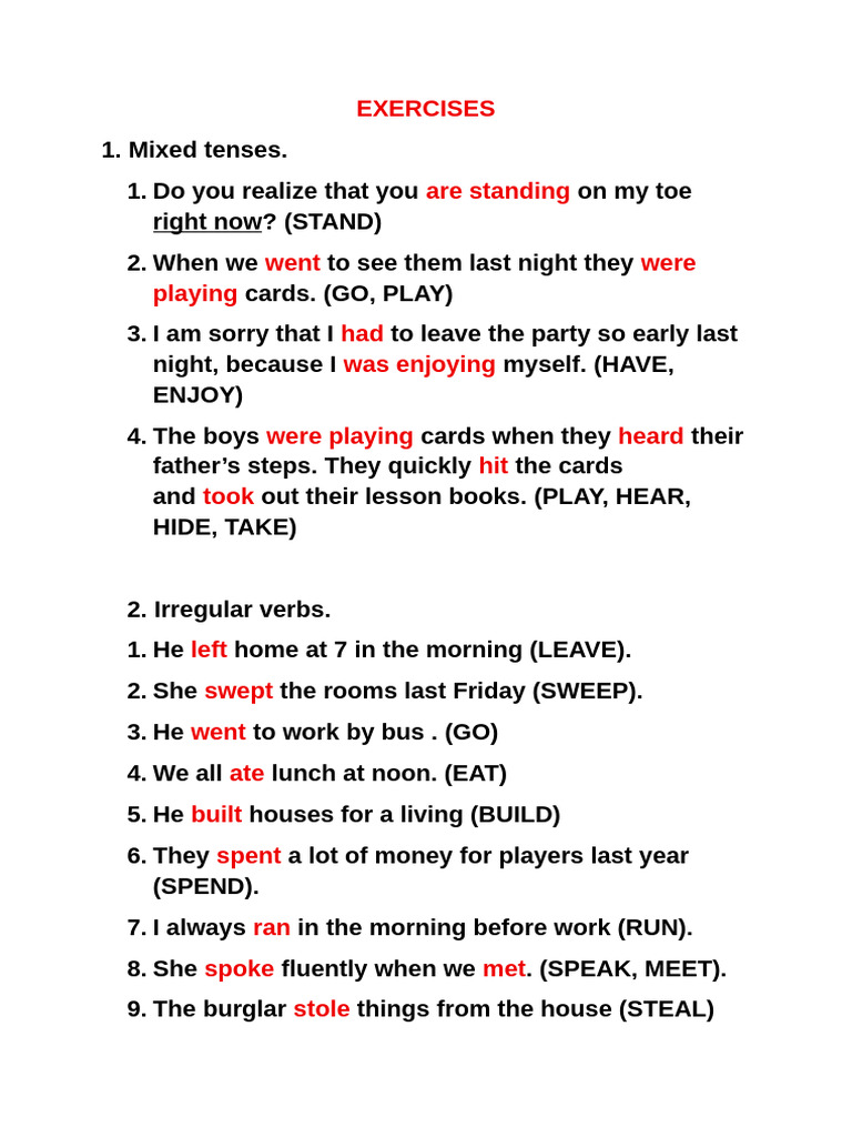 Exercises - Tenses, Irregular Verbs | PDF
