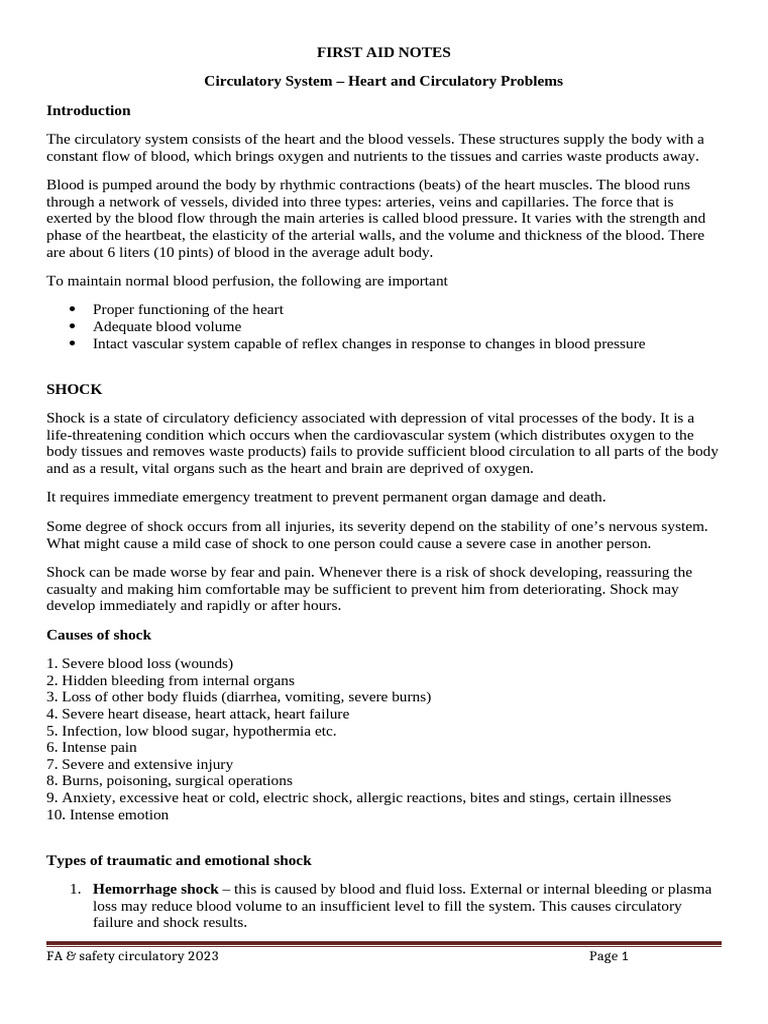FIRST AID NOTES Circulatory System Mod 2025 | PDF | Shock (Circulatory ...