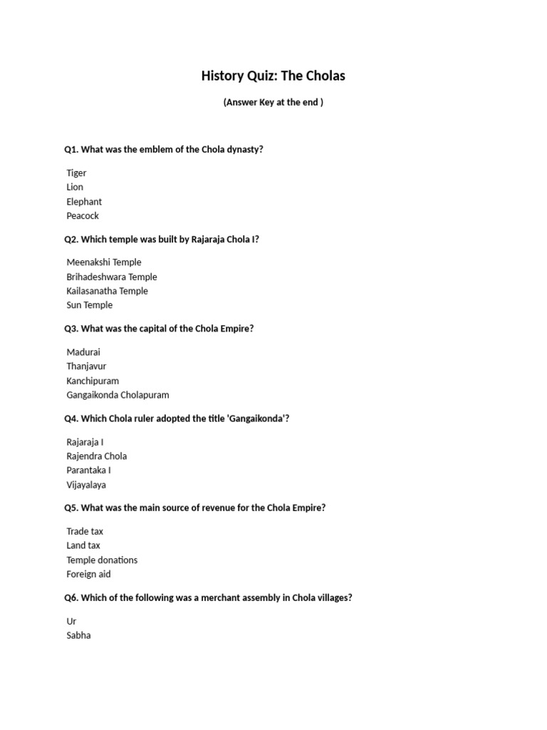 History Quiz - The Cholas Class 9 ICSE | PDF