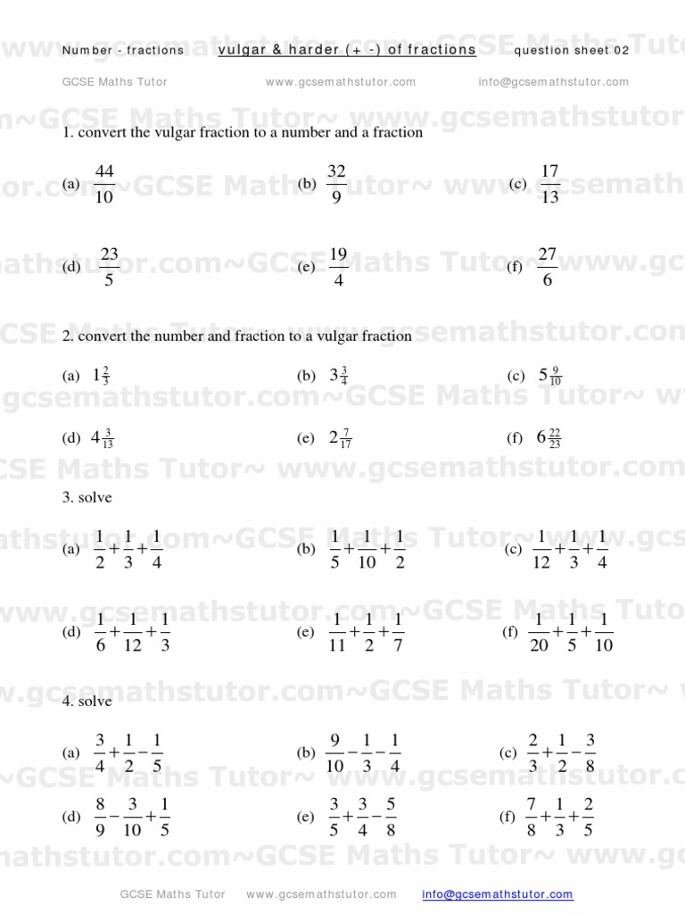Vulgar Fractions Worksheet From GCSE Maths Tutor | PDF | Teaching ...
