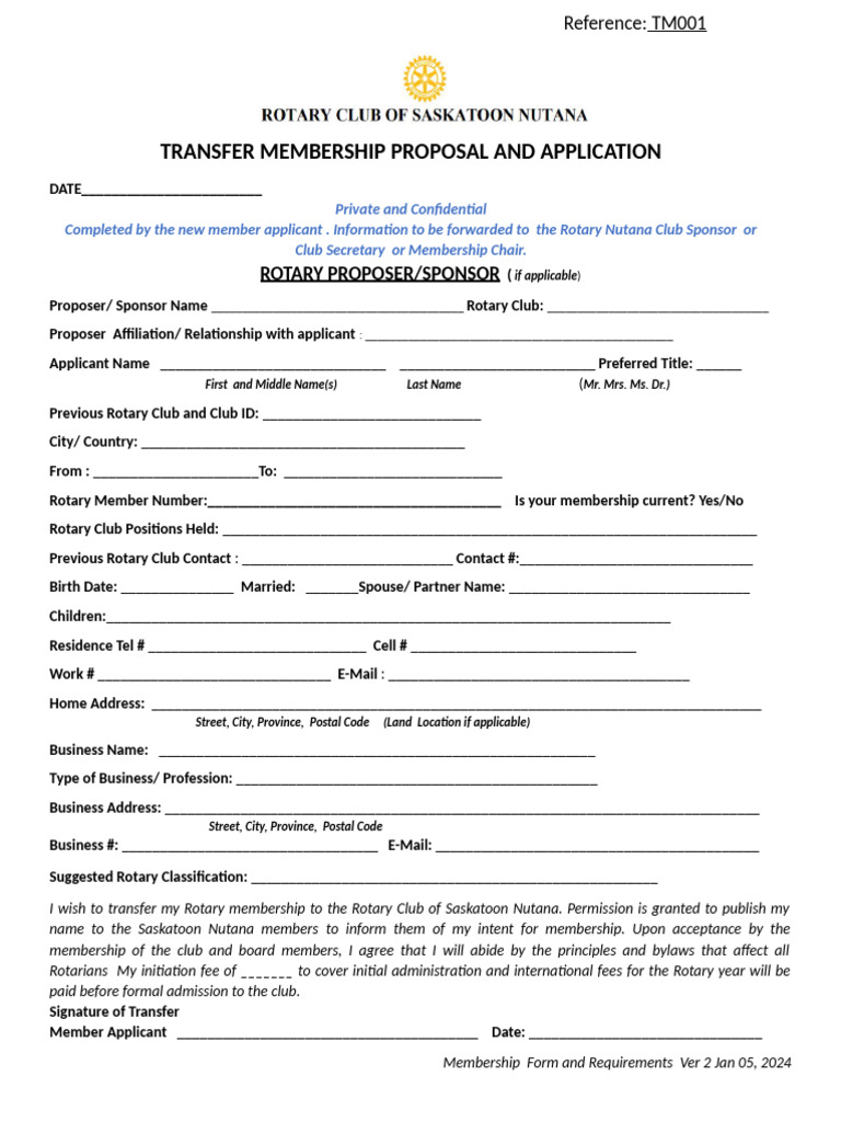 Transfer Member Application Form 2024 | PDF