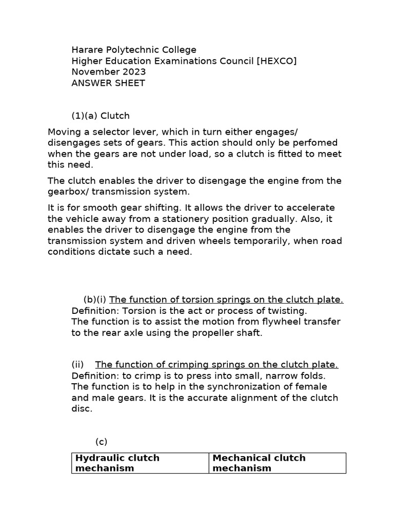 Transmission Answer Sheet | PDF | Clutch | Mechanical Engineering