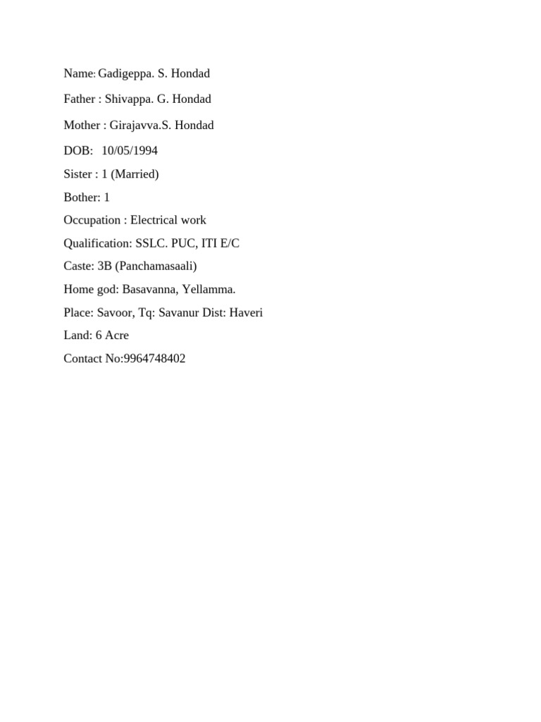 Bio Data Gadigeppa Hondad | PDF