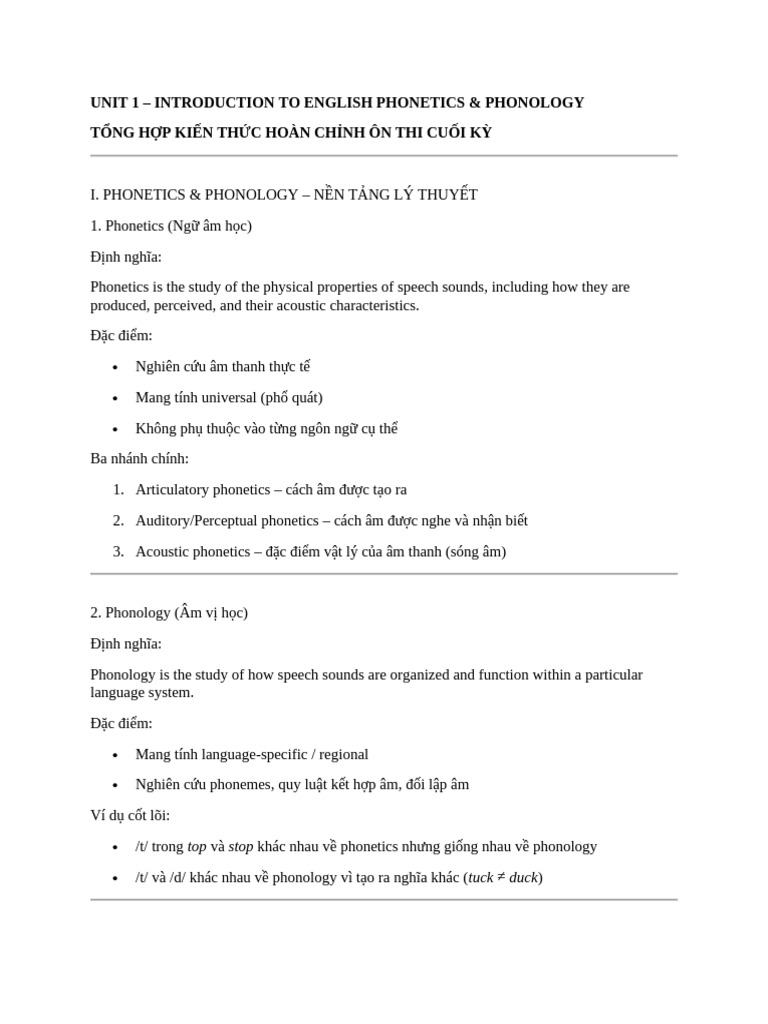 Unit 1 - English Phonetics & Phonology (Final Exam Cheat Sheet) | PDF