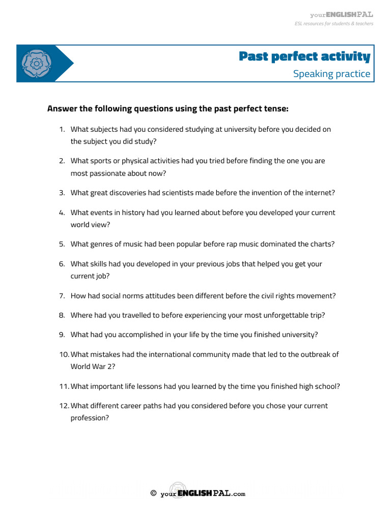 Your English Pal Grammar Worksheet Past Perfect Activity Speaking ...