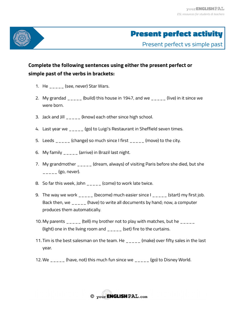 Your English Pal Grammar Worksheet Present Perfect Activity Vs Simple ...