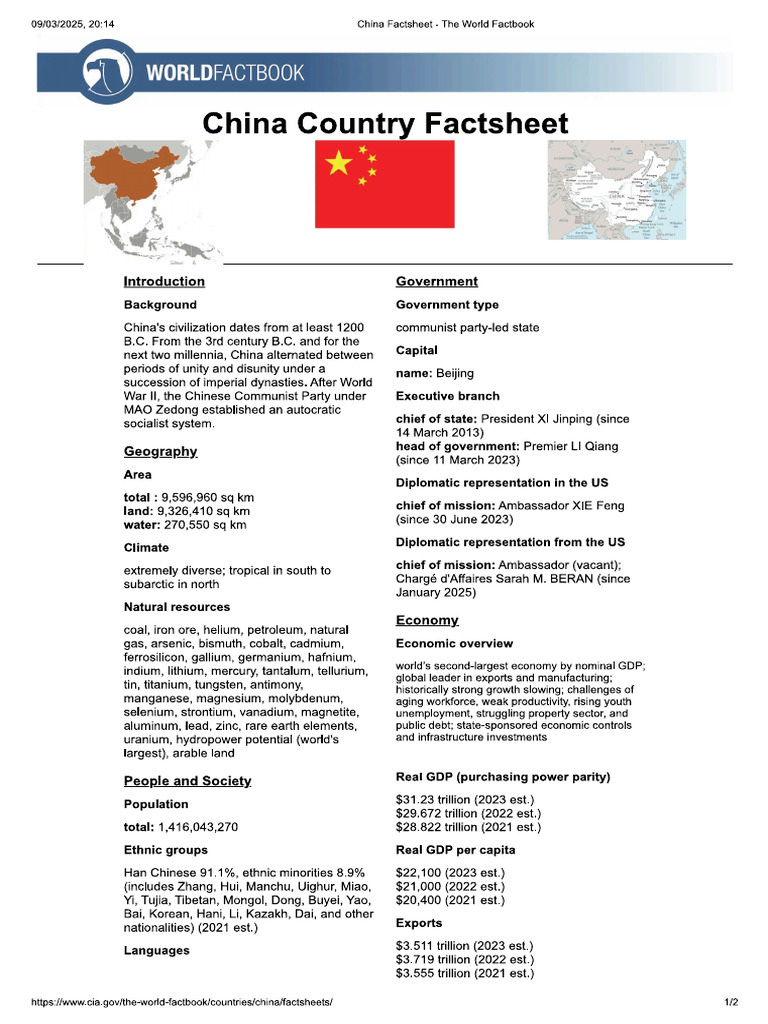 China Fact Sheet From CIA Gov Saity | PDF