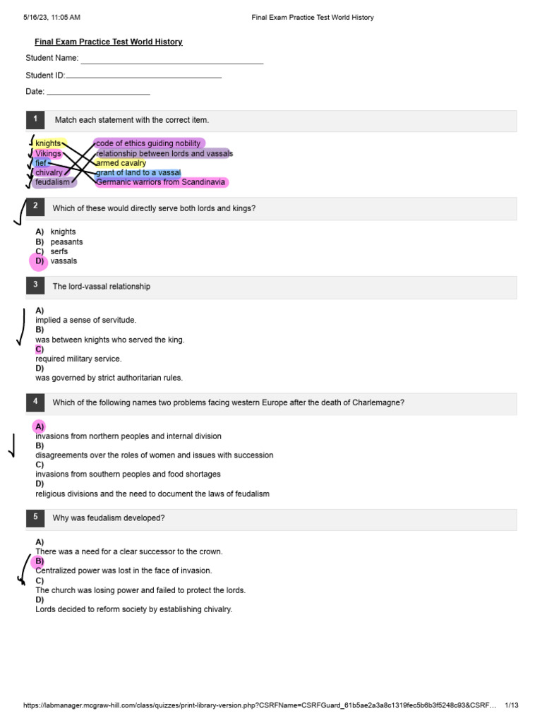 Final Exam Practice Test World History | PDF | Law Of The Land | Knight