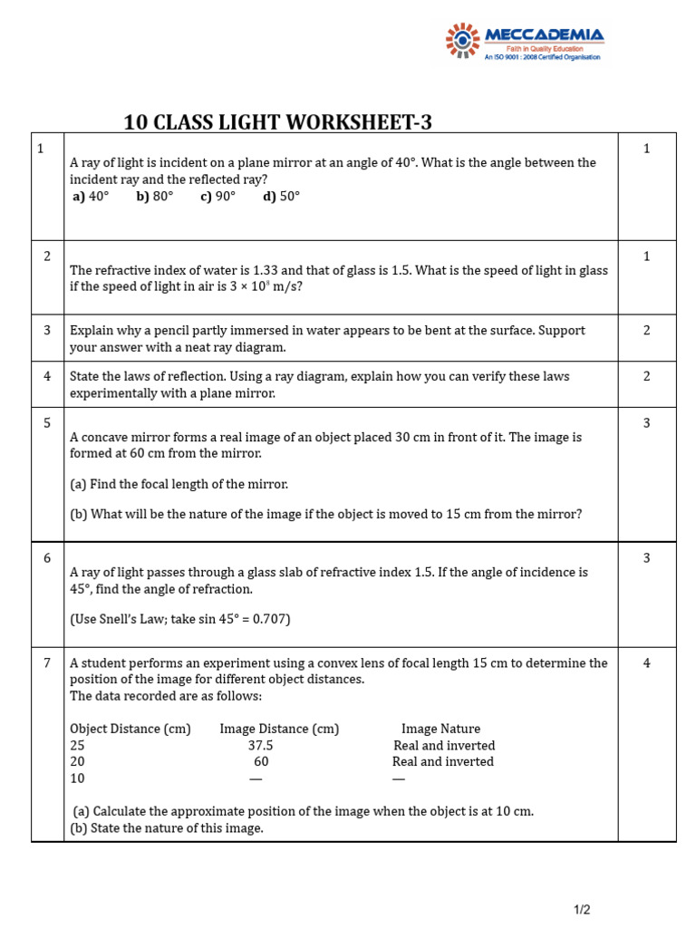 10 Class Light Worksheet-3 | PDF | Mirror | Atomic