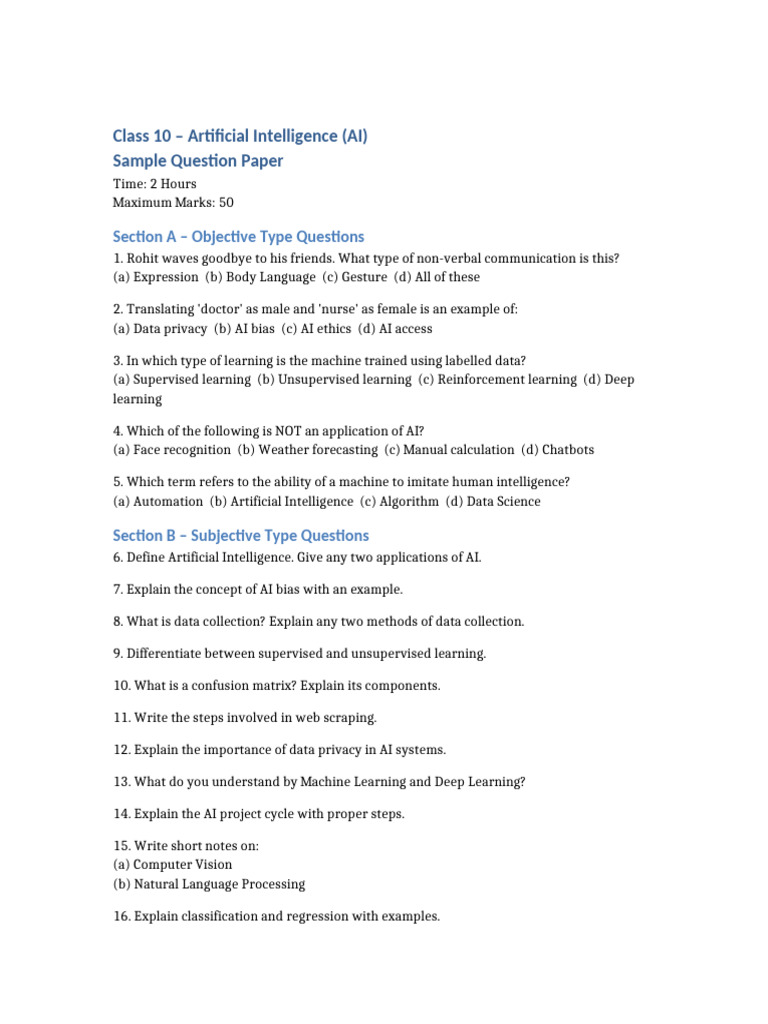 Class 10 AI Sample Question Paper | PDF