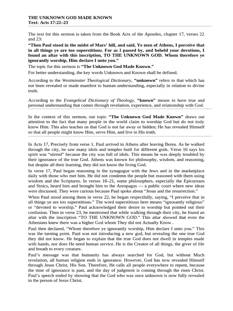 The Unknown God Made Known | PDF | Paul The Apostle | God