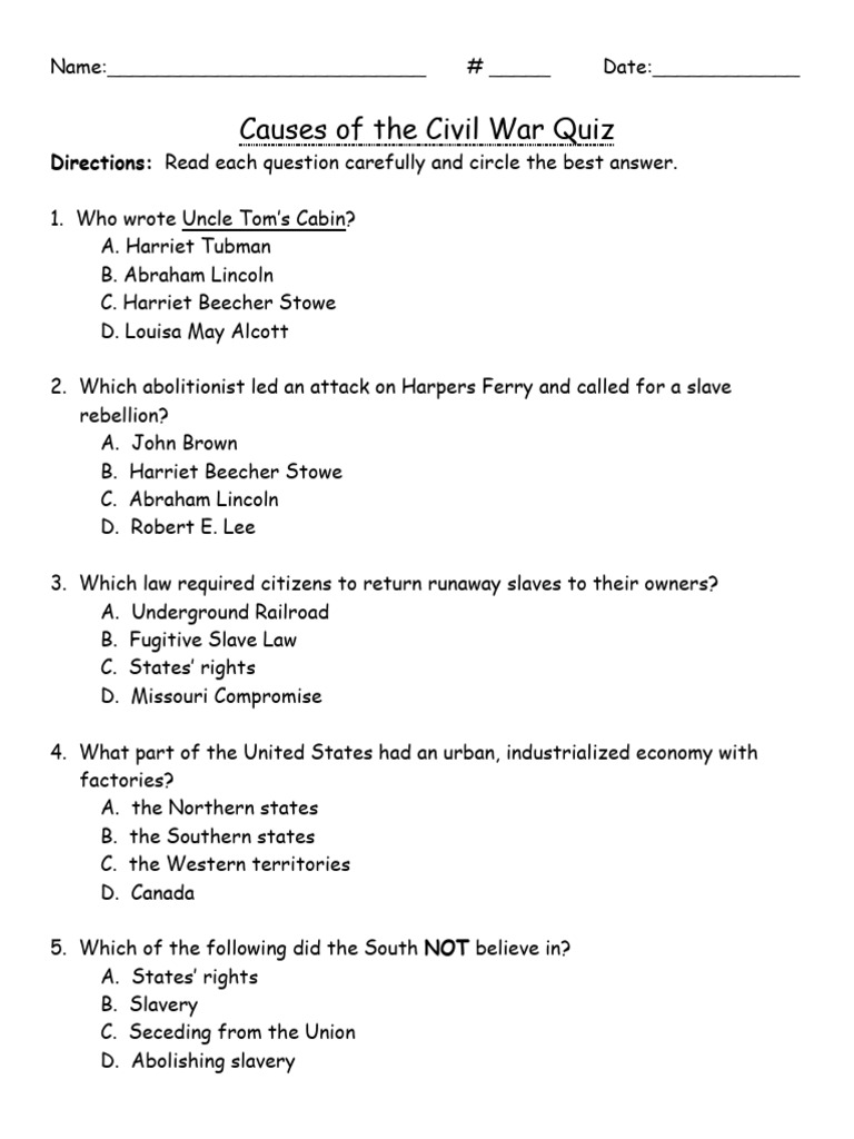 Causes of The Civil War Quiz: Directions | PDF