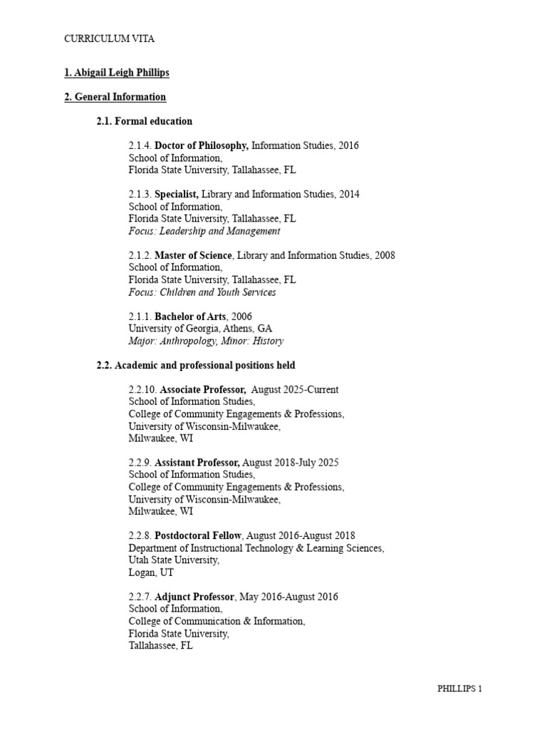 Curriculum Vita (CV) : Abigail Leigh Phillips | PDF | Librarian ...