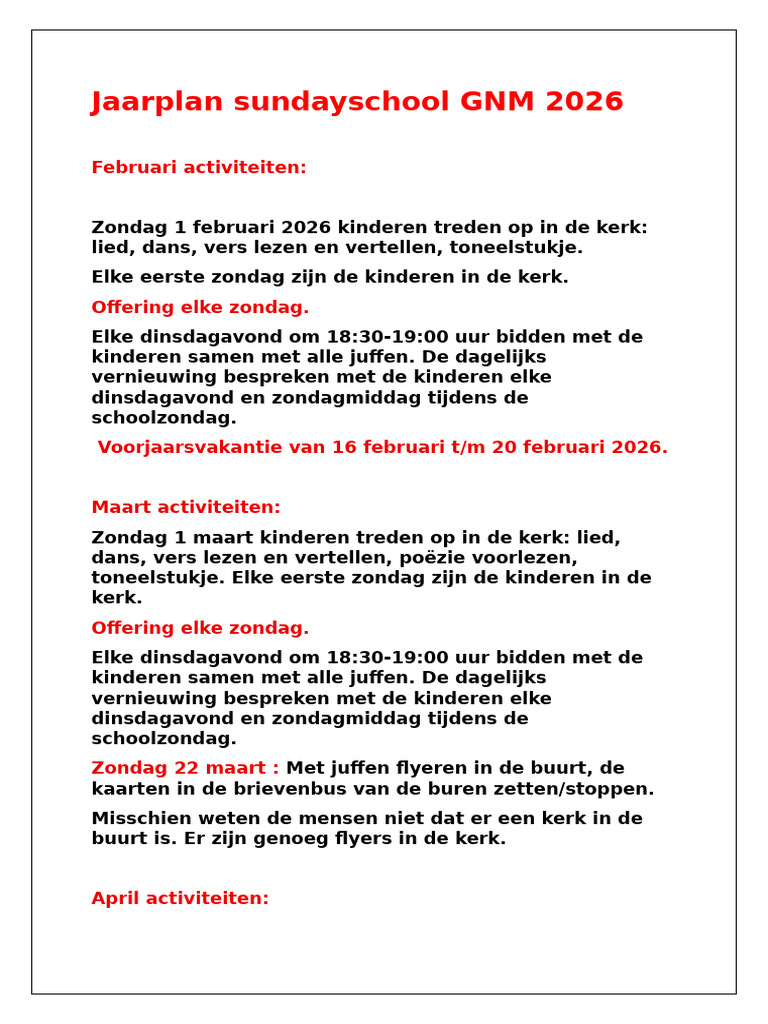Zondagschool Jaarplan 2026 | PDF