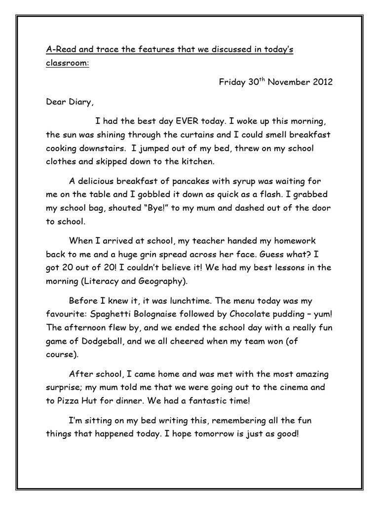 Diary Writing Sample and Tracing Features Activity | PDF